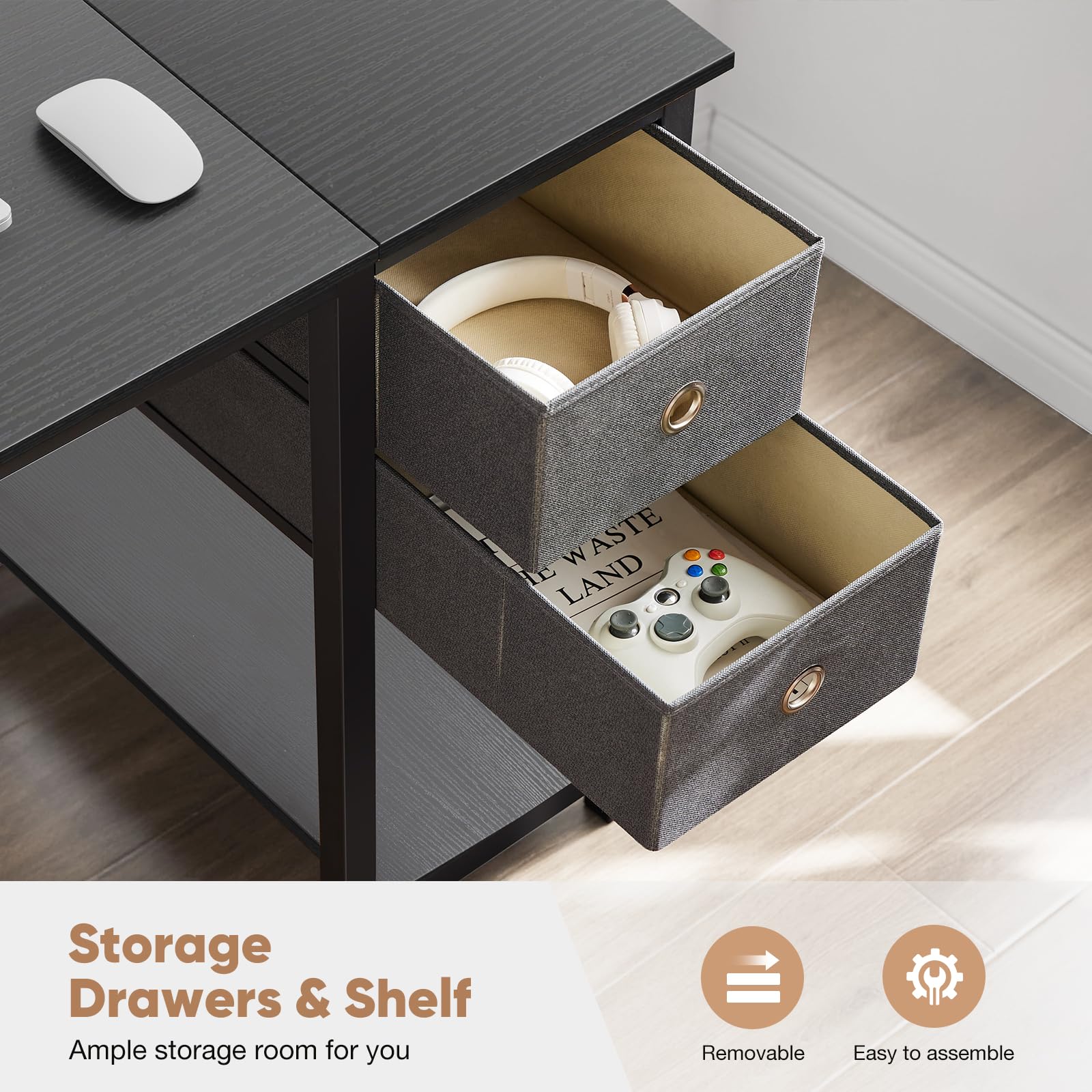 DUMOS Computer Small Desk with Drawers 40 Inch Office Bedroom Kids Writing Work Study 2-Tier Storage Drawers & Shelf Simple Modern Wood Table