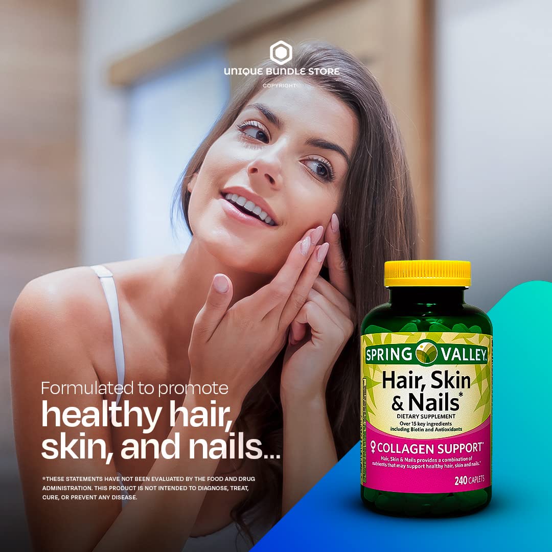 Unique Bundle Store Spring Valley, Hair Skin and Nails Vitamins, Caplets Dietary, Supplement, 240 Count + 7 Day Pill Organizer Included
