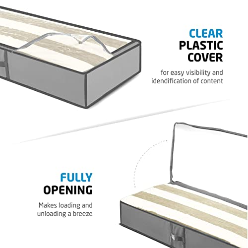 Zober Under Bed Storage - Pack of 2 Under Bed Storage Containers for Clothes, Blankets, Winter Clothing, & Shoes - Under The Bed Storage with Handles, Dual Zippers, & Clear Top (Gray)