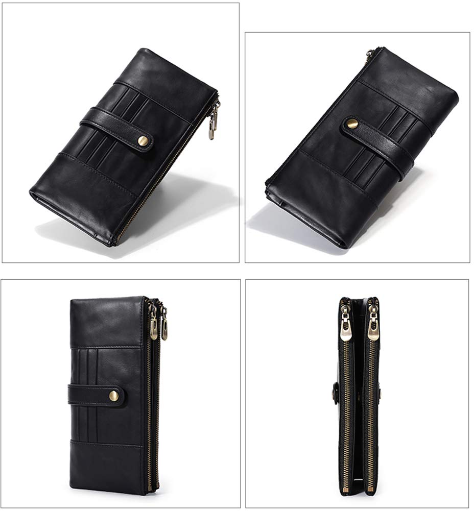 KELEEL Womens RFID Wallets Slim Cow Leather Large Capacity Bifold Purse Multi Card Case Wallet with Dual Zipper Pockets (Black)