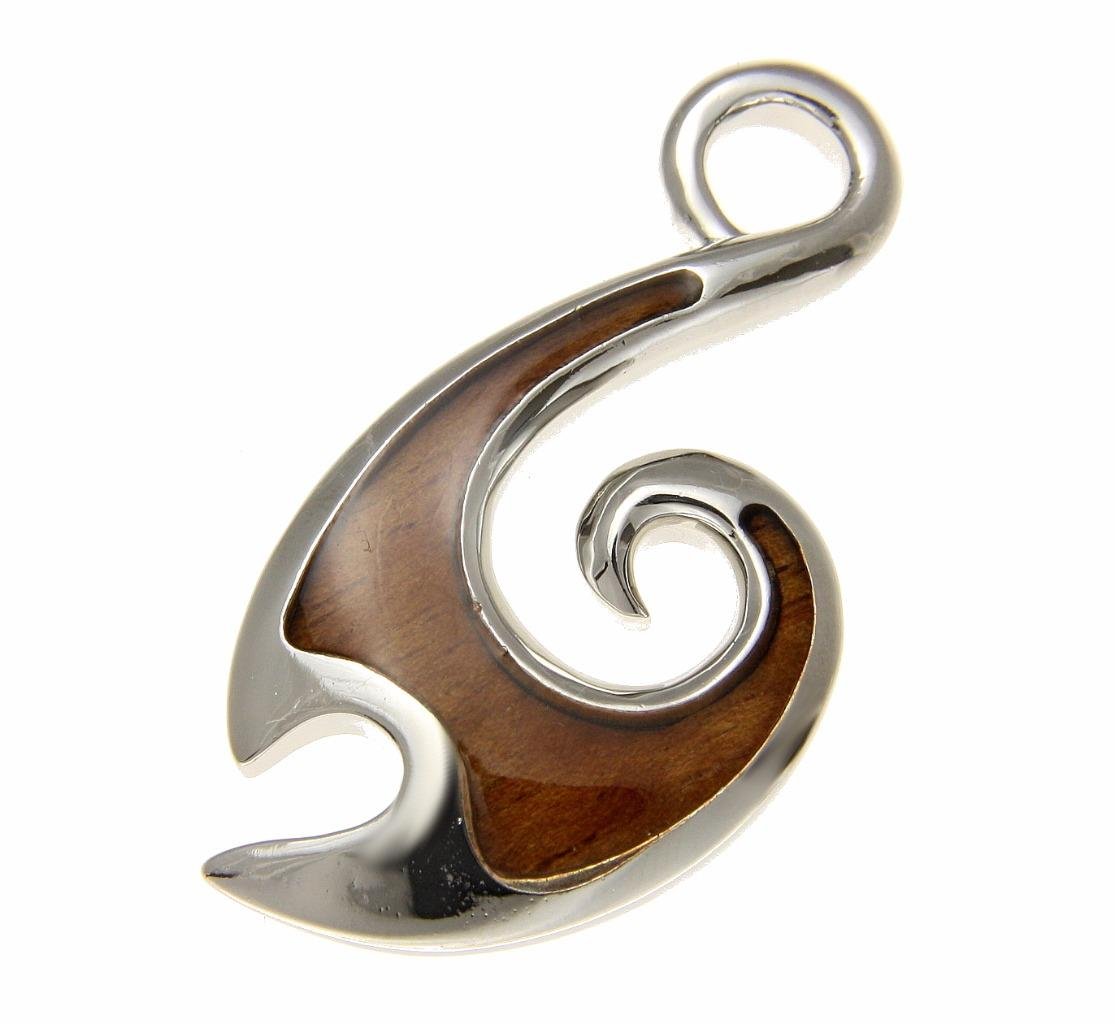 Arthur's Jewelry Koa Wood Hawaiian Ocean Wave Fish Hook Rhodium Plated Brass Pendant Charm