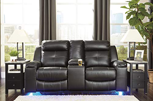 Signature Design by Ashley Kempten Faux Leather Manual Reclining Sofa with High Back, Center Console and Blue LED Lighting, Black