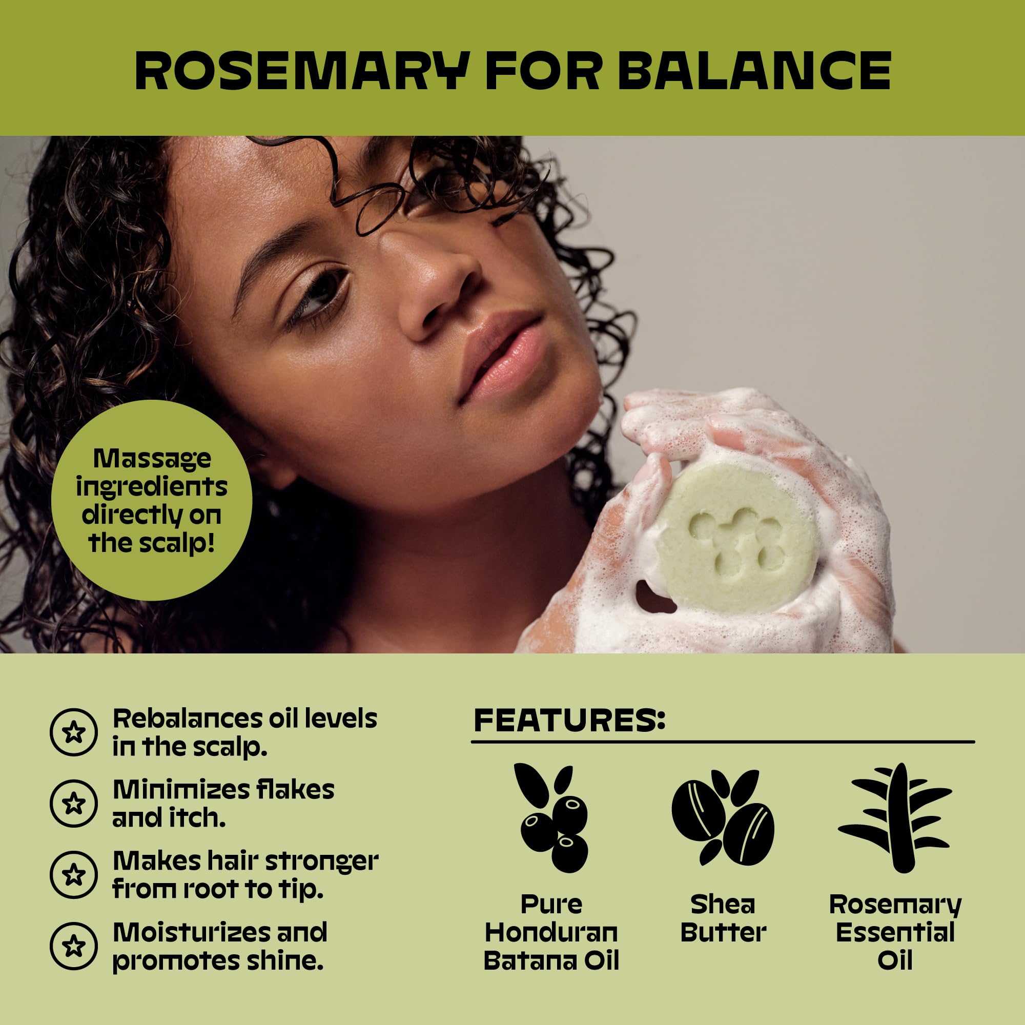 NOLE CARE Rosemary Mint Shampoo Bar With Batana Oil - Rice Protein Shampoo, For Hair Growth, Anti-Dandruff Formula, Sulfate-Free, Sustainable, Plastic-Free Packaging - 3 oz Bar