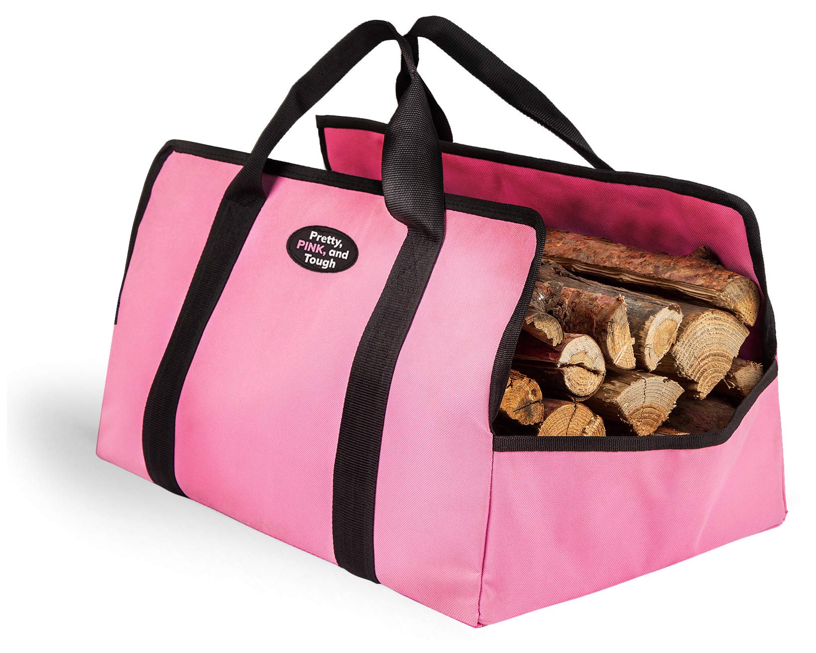 Firewood Tote Bag - Oxford Fabric Log Carrier with Handles & Heavy Duty Straps - Large Durable Wood Holder with Wide Opening - Wood Stove & Fireplace Accessories - 21 x 13 x 12 Inch, Pink