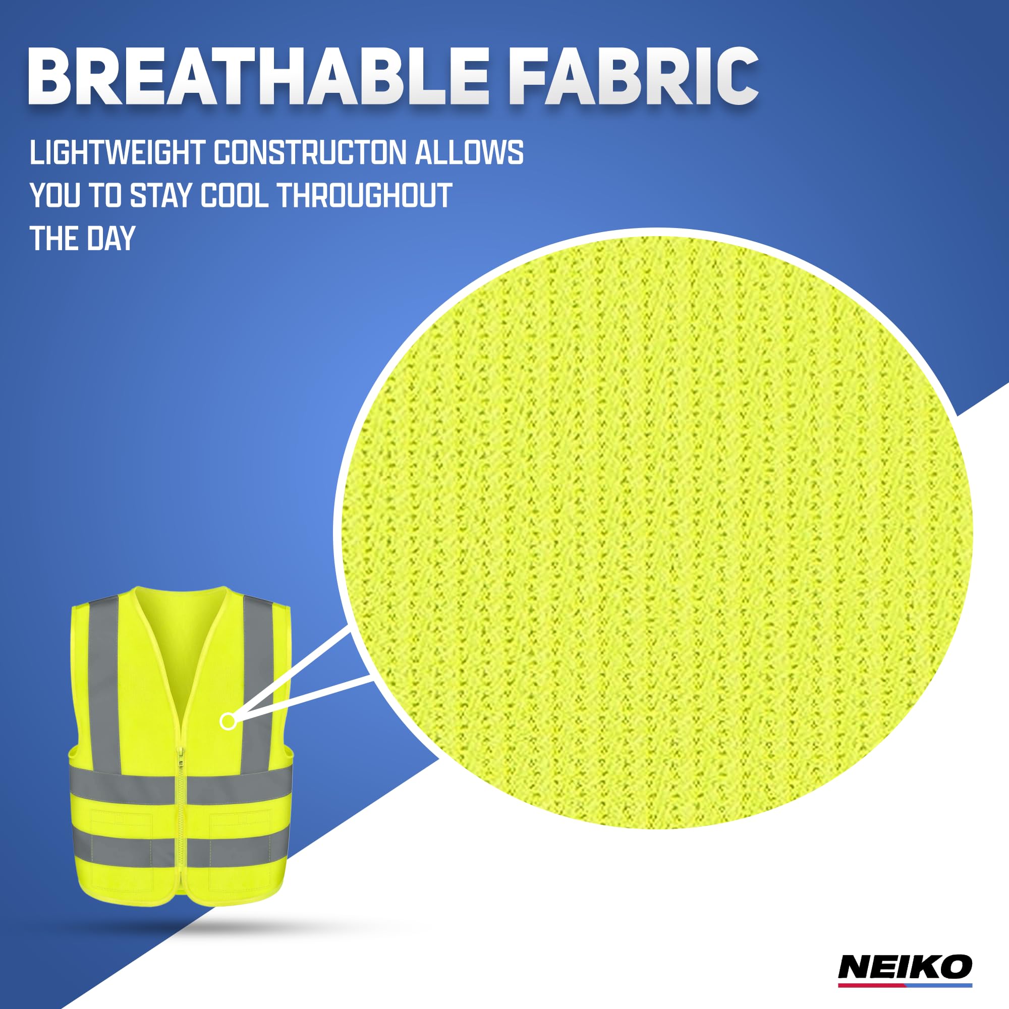 NEIKO Safety Vest, 2 Pockets, High Visibility Vest, Reflective Strips, Neon Yellow Vest, Zipper Front, Reflective Vest For Men & Women, Work Vest, Security Vest & Hi Vis (Large for Adults, 53962A)