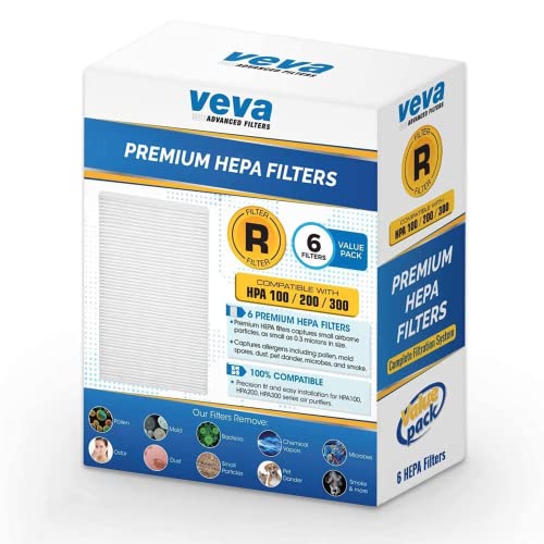 VEVA HEPA Filter Replacement 6 Pack - Compatible w/Honeywell Air Purifier Series HPA090, HPA100, HPA200, HPA250 & HPA300