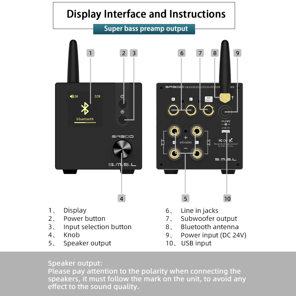 S.M.S.L SA300 HiFi Digital Amplifier, Infineon's MA12070 Chip Class D Power Amp, RCA USB Bluetooth 5.0 APTX Input, Multiple EQ Modes with Remote Control (Black)