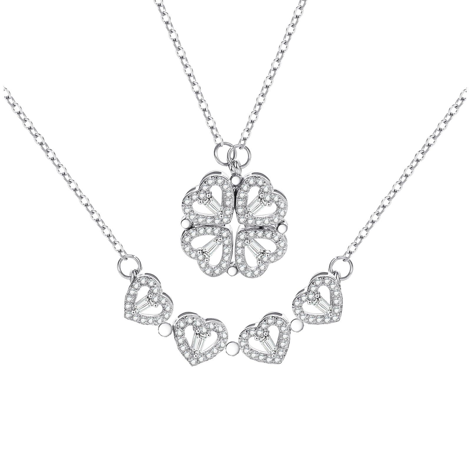 VANGETIMI 2 in 1 Four Leaf Clover Charm Lucky Necklace Heart Crystal Pendant Necklace Silver Link Mother's Day Gifts Jewelry for Women