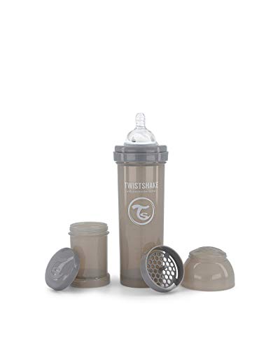 Twistshake Anti Colic Baby Bottles - Premium 330ml/11oz Bottles with 100ml Milk Storage Container for a Comfortable Feeding Experience for Baby Care - Pastel Grey