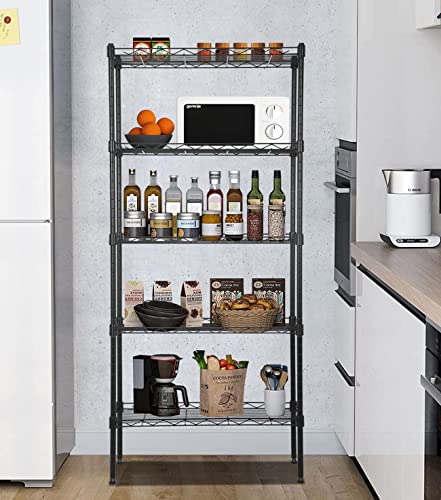 YYkokocat 5-Tier Wire Shelving Adjustable Metal Shelving Unit 48" H Storage Shelves Wire Rack Shelf Organizer for Closet Bathroom Kitchen, 750LB Capacity, 21.5L x 11.6W x 47.6H, Black