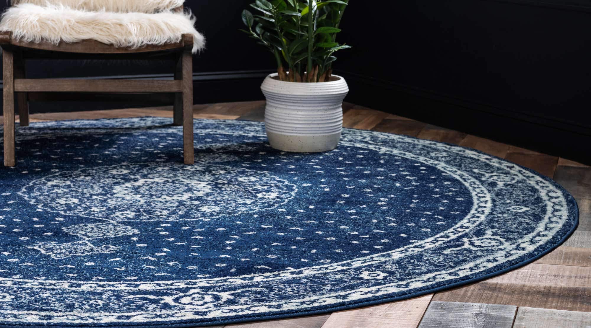 Unique Loom Bromley Collection Area Rug - Midnight (7' 10" Round, Navy Blue/ Ivory)