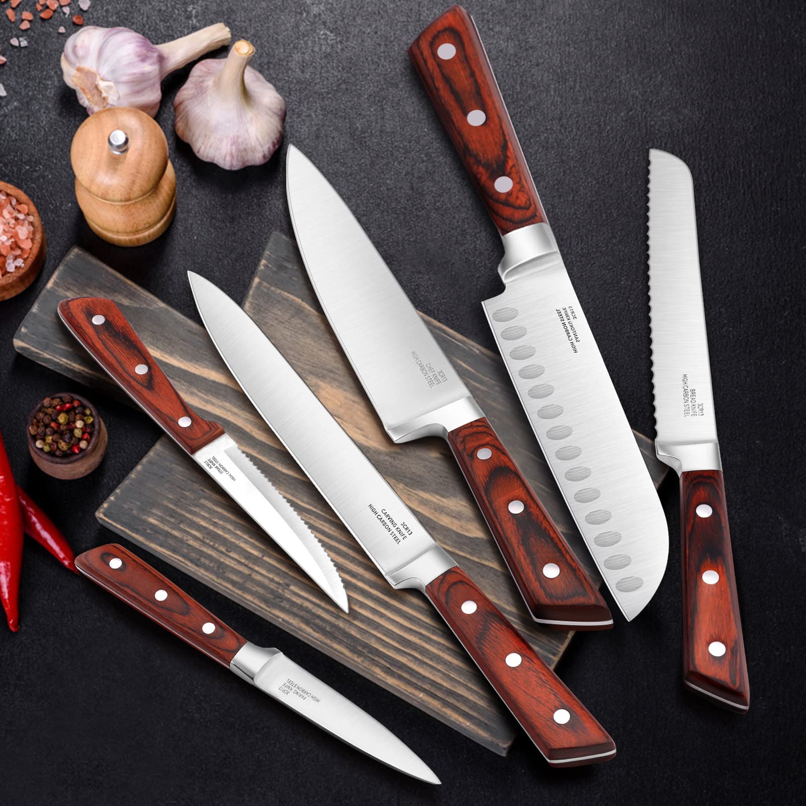 Kitchen Knife Block Set, E-far 17-Piece High Carbon Forged Stainless Steel Knife Sets Includes Chef Utility Paring Steak Serrated Bread Santoku Knife Sharpener - Full Tang Design