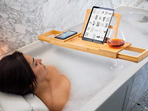 Utoplike Bamboo Bathtub Caddy Tray Bath Tray for Tub, Adjustable Bathroom Bathtub Organizer with Book Tablet Wine Glass Cup Towel Holder,Distinctive Gift for Christmas