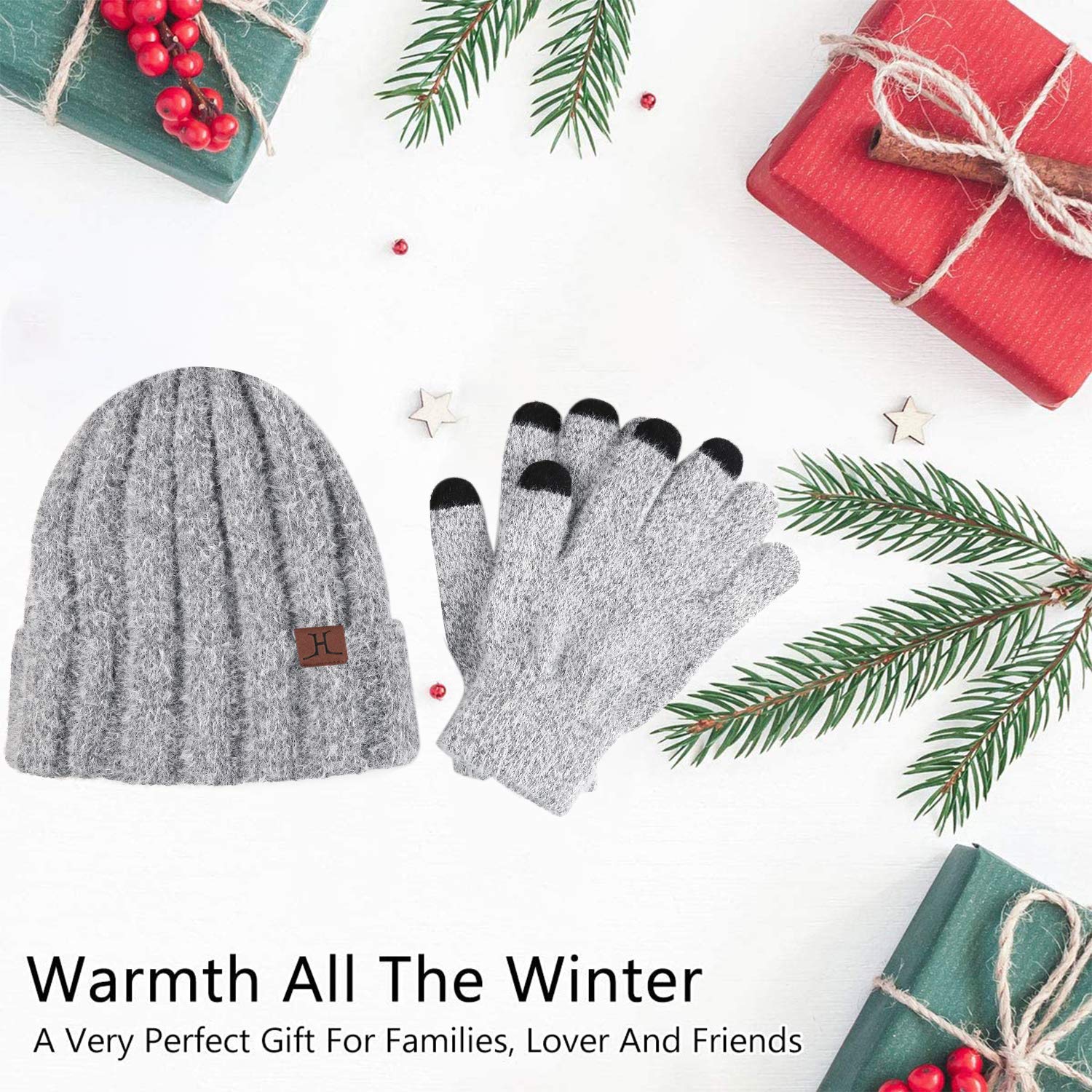 Womens Winter Warm Knit Beanie Hat Touchscreen Gloves Set with Fleece Lined Skull Cap Gloves Set for Women