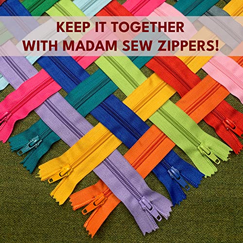 Madam Sew 44pcs 8 Inch Zippers for Sewing Garments β Bulk Zippers with Plastic Coil Teeth, Heavy Duty Metal Zipper Pulls and Nylon Tapes β Colorful Closed End, Non-Separating Zippers in 22 Colors
