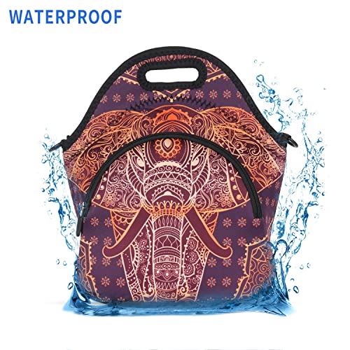 Violet Mist Neoprene Thermal Insulated Lunch Tote Bag Soft Large with Extra Pocket Detachable Adjustable Shoulder Lunchbox Handbags Women men, Retro Elephant 2