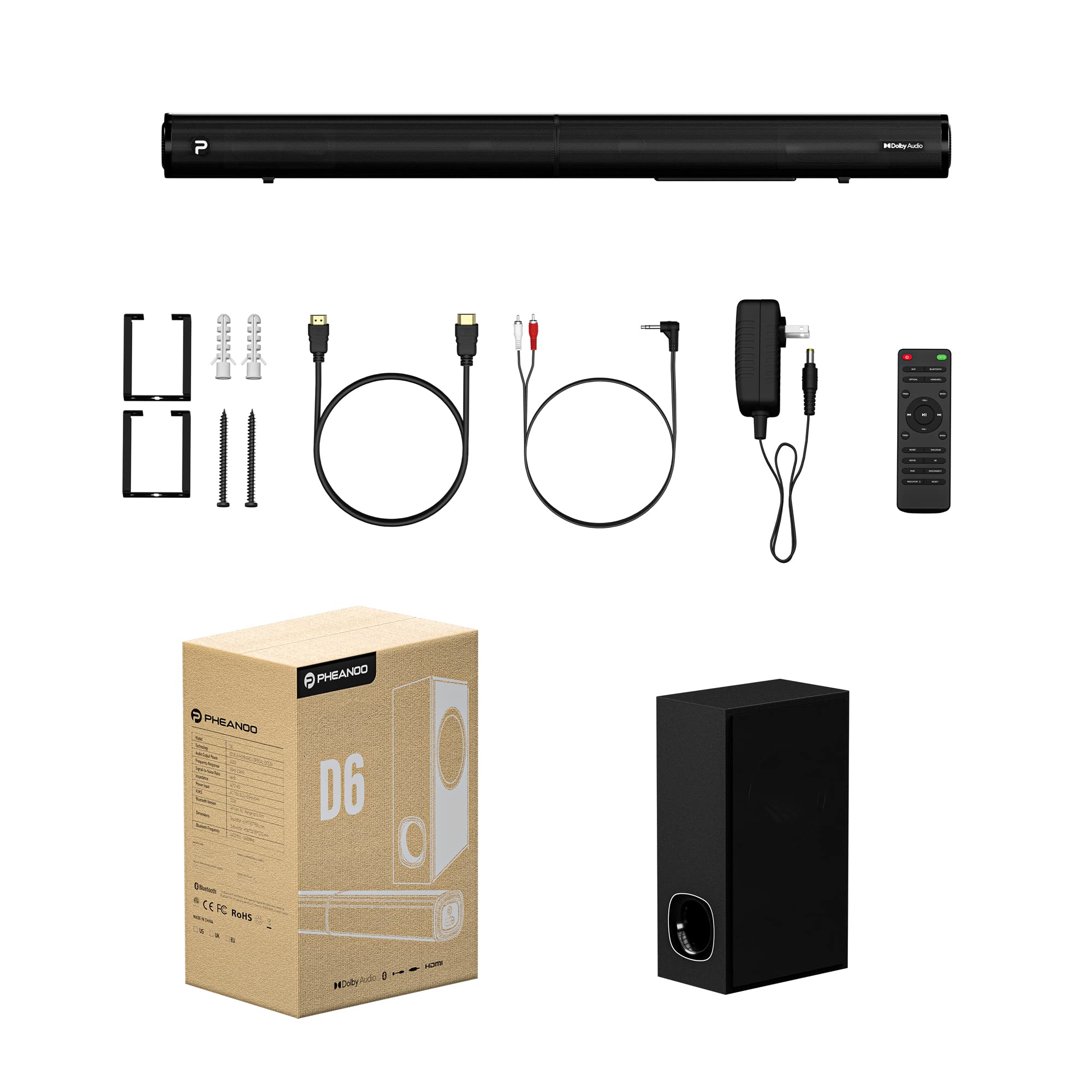 PHEANOO Sound Bar Compatible with Dolby Audio, Roku TV Ready, Sound Bars for TV with Subwoofer, Bluetooth 5.0/HDMI ARC/Optical/AUX/RCA Connection
