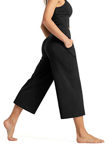Tmustobe Womens Lounge Yoga Capris Pants Bootleg Tummy Control High Waist Workout Flare Crop Pants with Pockets (Black, Large)