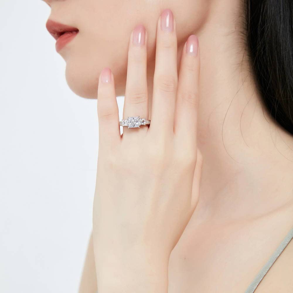 BERRICLE Sterling Silver 3-Stone Wedding Engagement Rings Princess Cut Cubic Zirconia CZ Ring for Women, Rhodium Plated Size 7.5