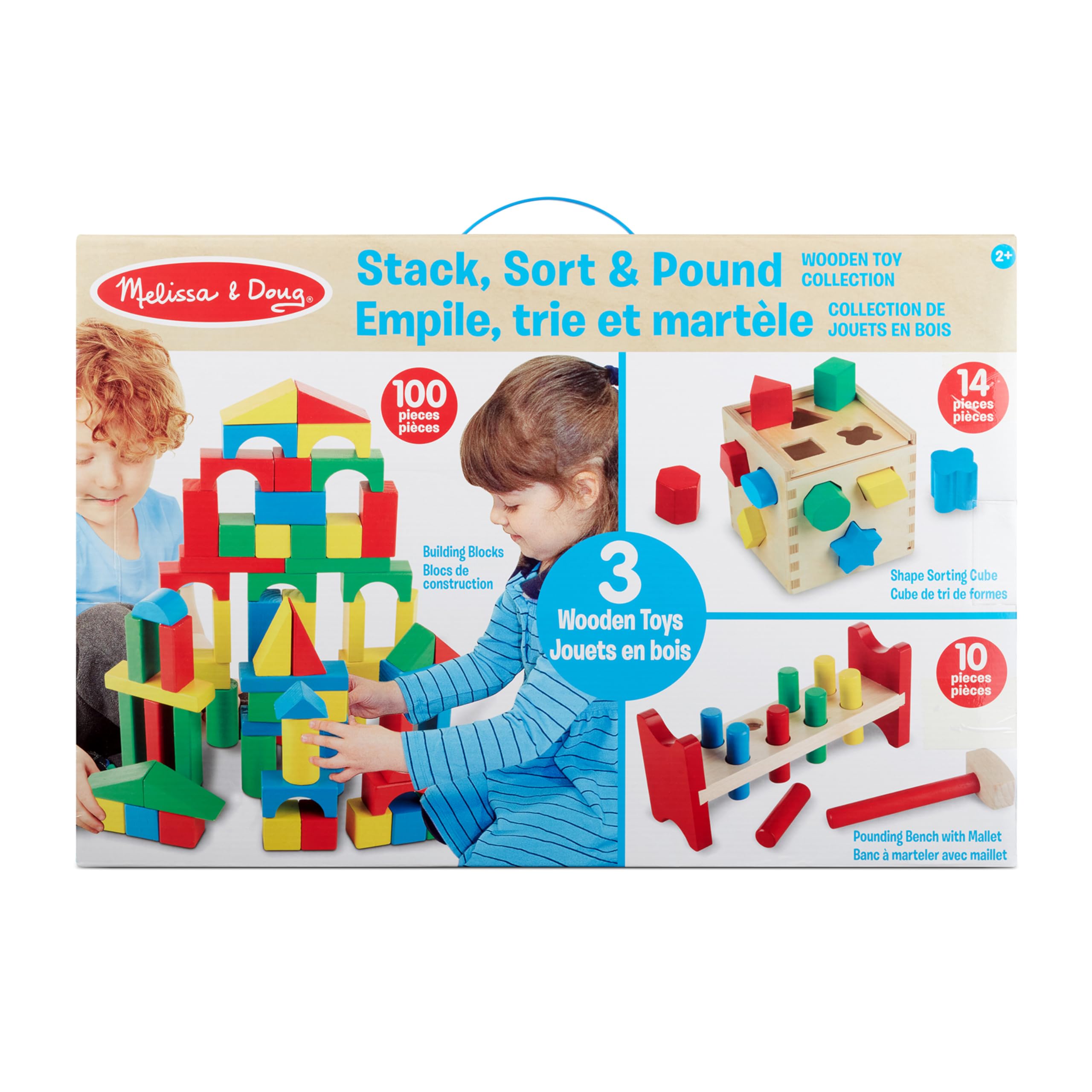 Melissa & Doug Stack, Sort & Pound Wooden Toy Collection (Building Blocks, Shape Sorter, Pounding Bench)