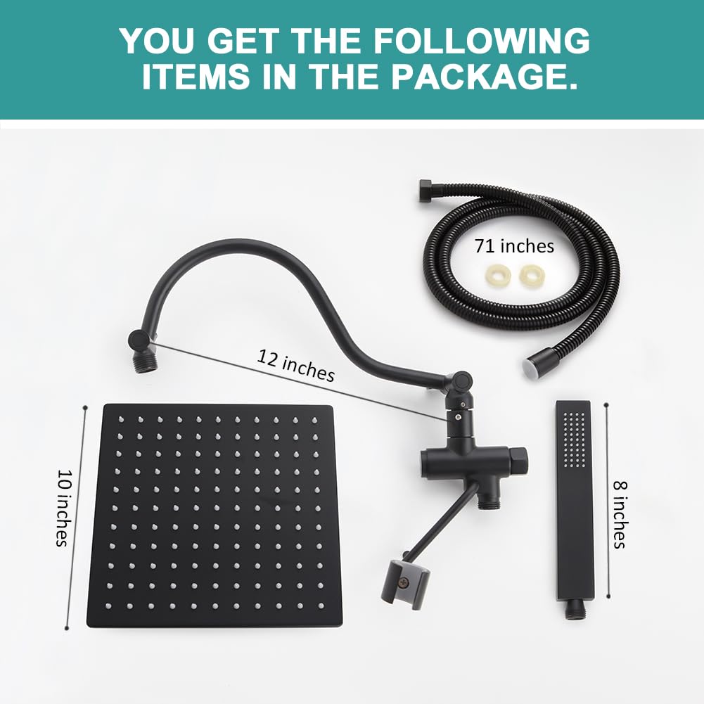 SWKB All Metal 10 inch Shower Head With Handheld Combo With Press Button 2-Way Diverter,Handheld Shower Wand,12 inch Adjustable Shower Extension Arm,Include 71 Inch / 6 ft Hose,Matte Black
