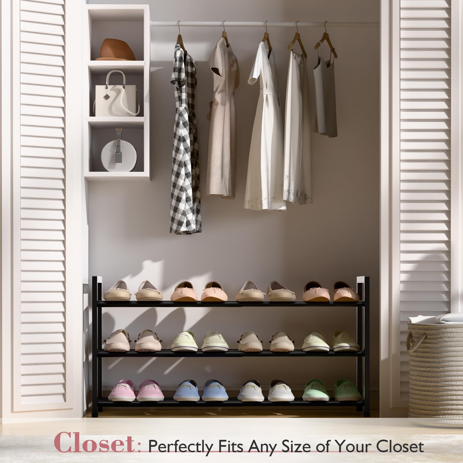 Bumusty 3-Tier Expandable Shoe Rack for Closet, 18β-33β Adjustable Shoe Rack for Small Space, Small Shoe Organizer for Front Door, Sturdy Metal, Black