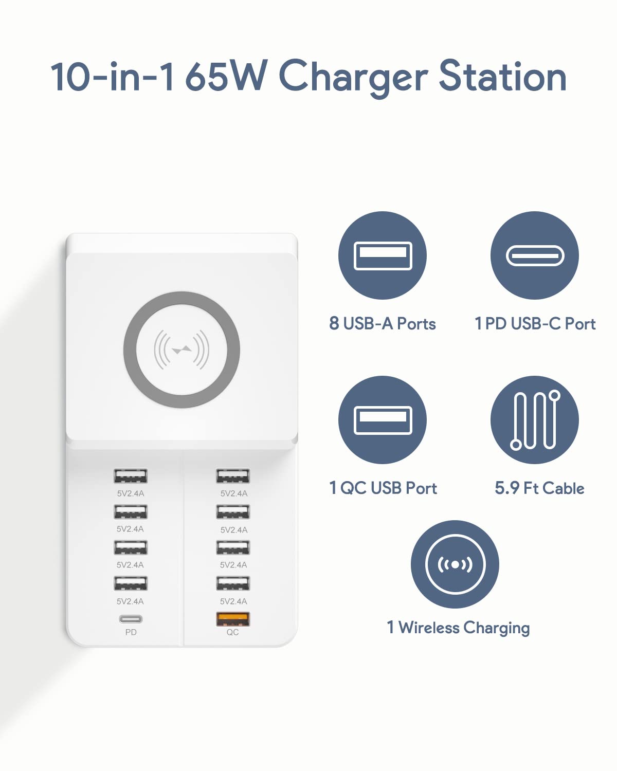 Charging Station for Multiple Devices - 10 Port Multi USB/PD/QC Charger Station with Wireless Charge Compatible with Cell Phone Tablets and More Electronics