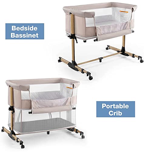 Baby Crib,3 in 1 Baby Bassinet Bedside Crib Bedside Sleeper Adjustable Portable Bed for Infant,Baby Newborn Must Have Bed,Beige