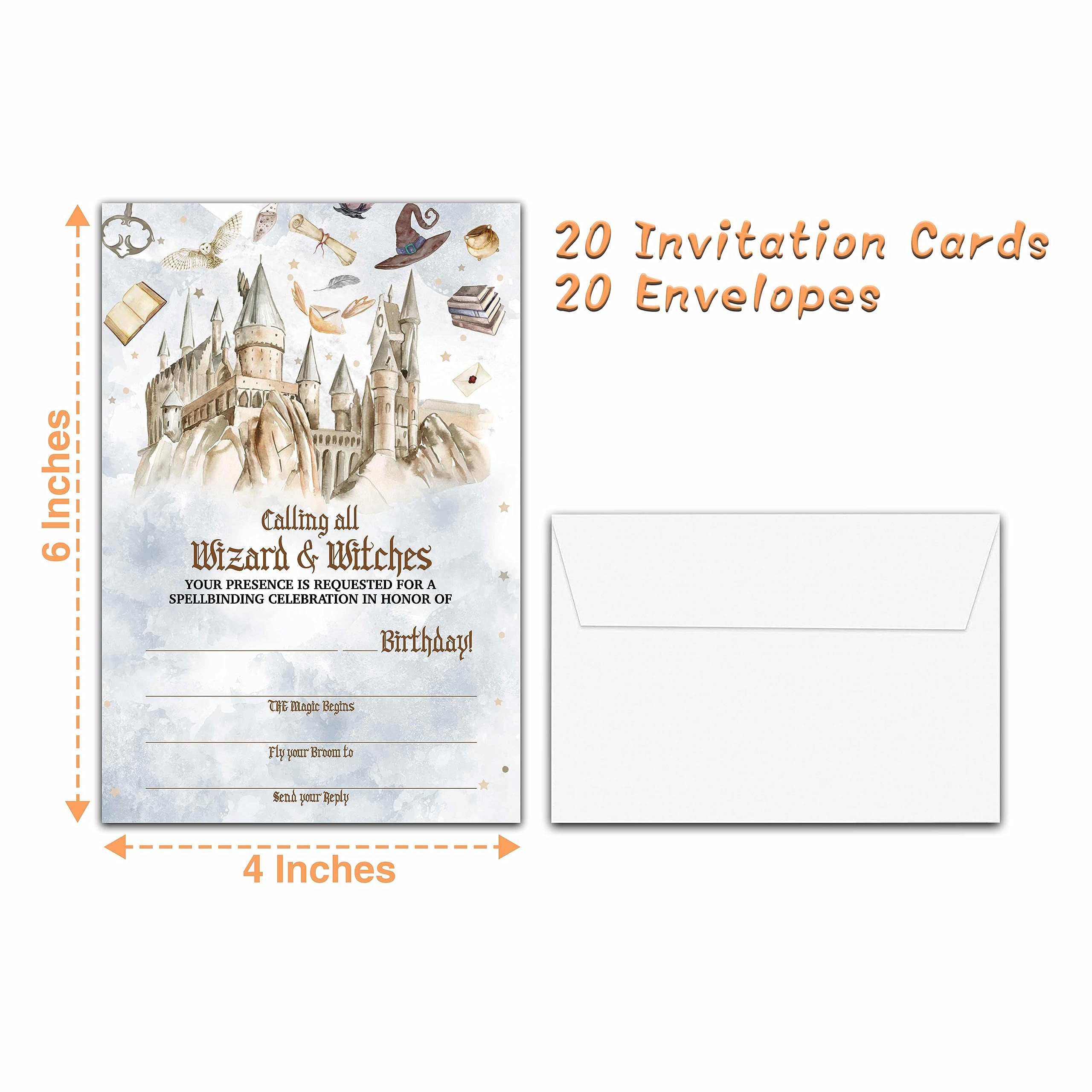 YQV Magical Wizard Birthday Invitations Cards, 4"x 6" Magician Owl Birthday Party Invites with Envelopes for Halloween Party Decorations Supplies (20 Pieces) - A02