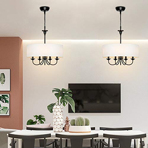 T&A Traditional 5-Light Chandelier with White Linen Drum Shade,20" Simple Chain Pendant Light Lights for Foyer Dining Room Living Room