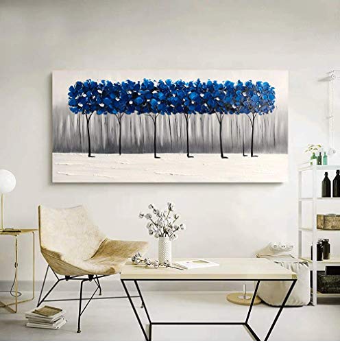Yihui Arts Landscape Painting Abstract Tree Canvas Art Handpainted Indigo Blue Forest Pictures Artwork for Living Room Bedroom Wall Decor (20Wx40L)