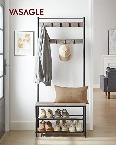 VASAGLE Coat Rack, Hall Tree with Shoe Storage Bench, Entryway Bench with Shoe Storage, 3-in-1, Steel Frame, for Entryway, 12.6 x 27.6 x 69.8 Inches, Industrial, Greige and Black UHSR41MB