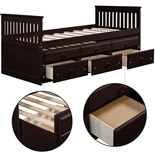 Twin Captainās Bed Storage daybed with Trundle and Drawers for Kids Guests (Espresso)