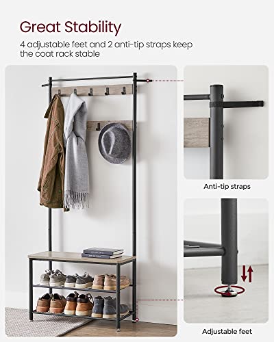 VASAGLE Coat Rack, Hall Tree with Shoe Storage Bench, Entryway Bench with Shoe Storage, 3-in-1, Steel Frame, for Entryway, 12.6 x 27.6 x 69.8 Inches, Industrial, Greige and Black UHSR41MB