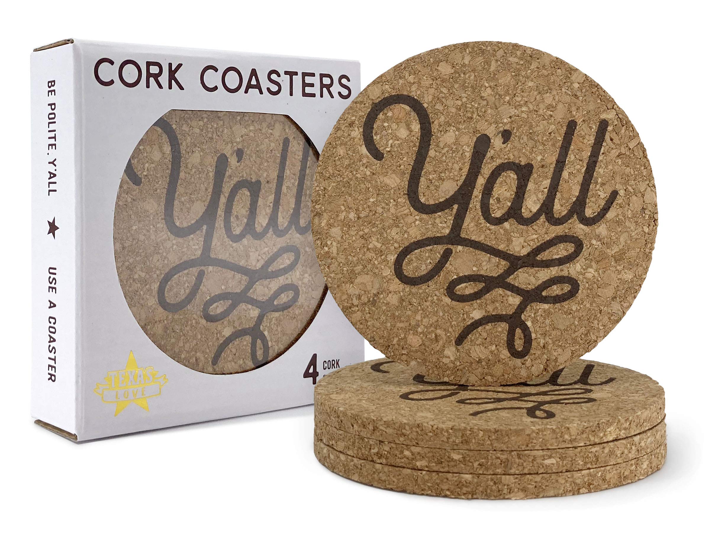 Y'all Texas Coaster Set Cork 3.5 Inch Coasters - 4 Texas Coasters Texas Gift