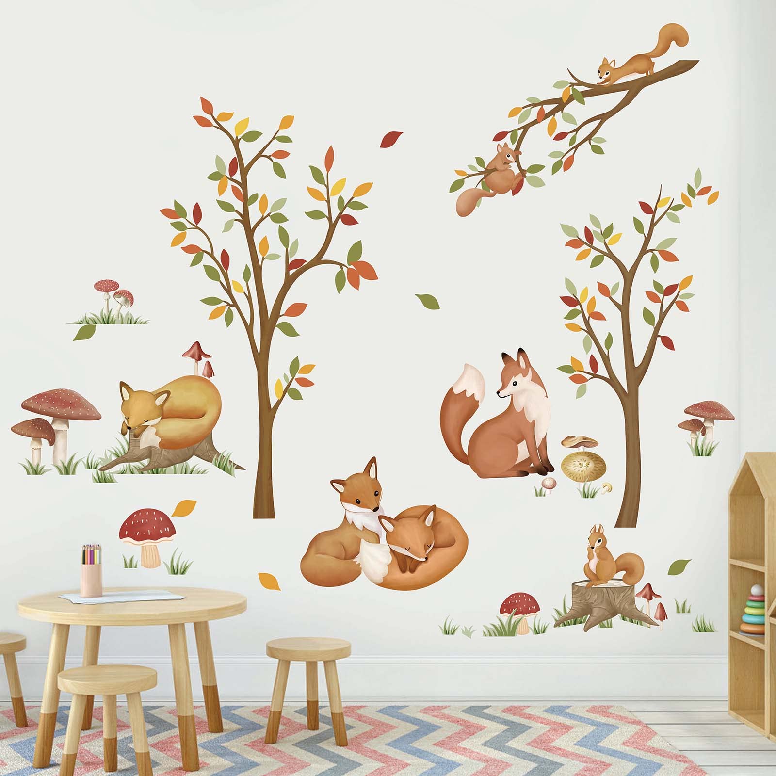wondever Woodland Animals Foxes Wall Stickers Fall Tree Peel and Stick Wall Art Decals for Baby Nursery Kids Bedroom