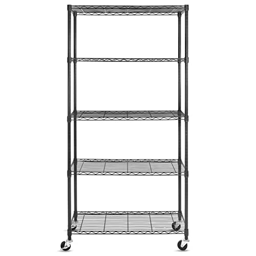 WDT 5-Shelf Shelving Storage Units on Wheels Casters, Adjustable Heavy Duty Metal Shelf Wire Storage Rack for Home Office Garage Kitchen Bathroom Metal Rack (16”Wx36”Dx75”H), Black
