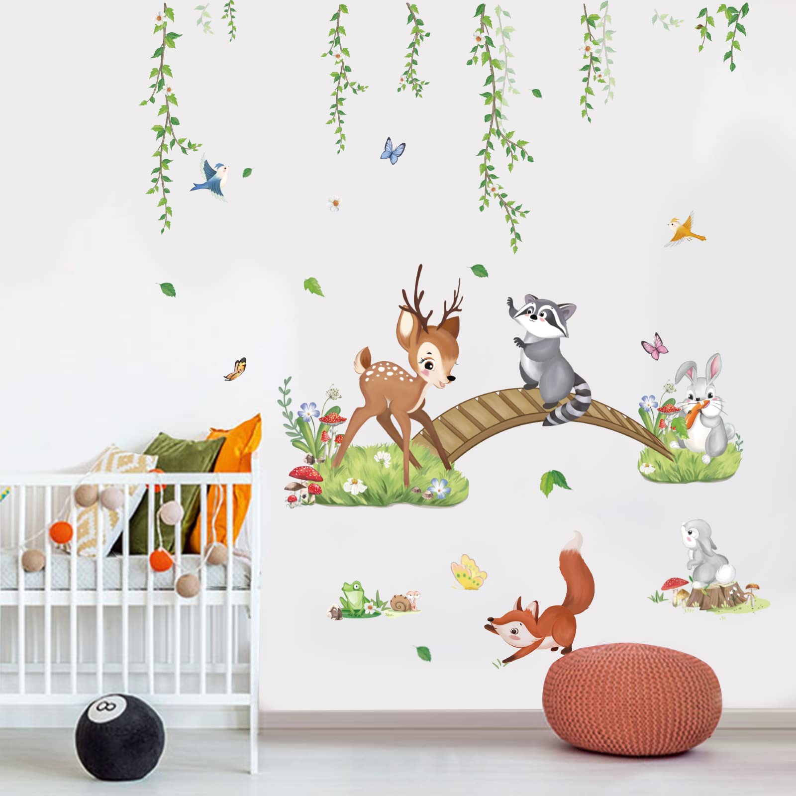 wondever Forest Animals Wall Stickers Deer Rabbit Raccoon on Bridge Peel and Stick Wall Art Decals for Baby Nursery Kids Bedroom