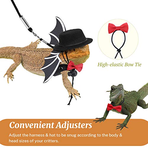 VavoPaw Bearded Dragon Lizard Leash Harness (S/M/L 3 Pack), Adjustable Leash Bat Wings Costume Accessories with Hat & Bow Tie Collar for Lizard Reptile, Gecko, Iguanas, Amphibians & Small Animals