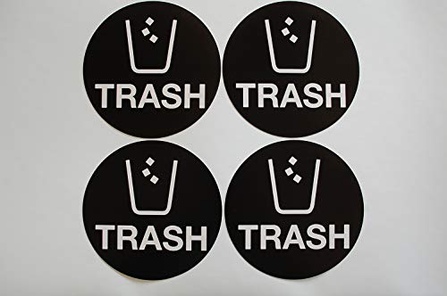 Trash Stickers Vinyl Decals (4 Pack) 5" Diameter for Trash Can Bins, Self Adhesive Sign, Waterproof UV Protected Indoor Outdoor (X4PS10)
