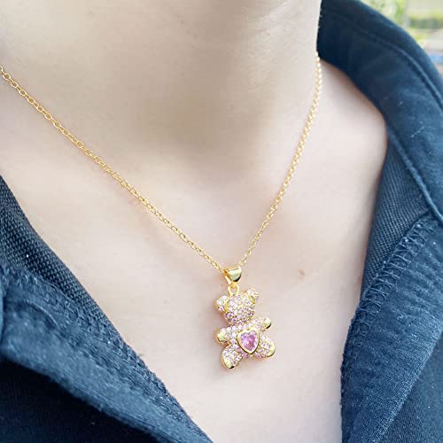 Foruiston Teddy Bear Pendant Heart Crystal Pendant Necklace Cute Animal Jewelry for Women (pink)
