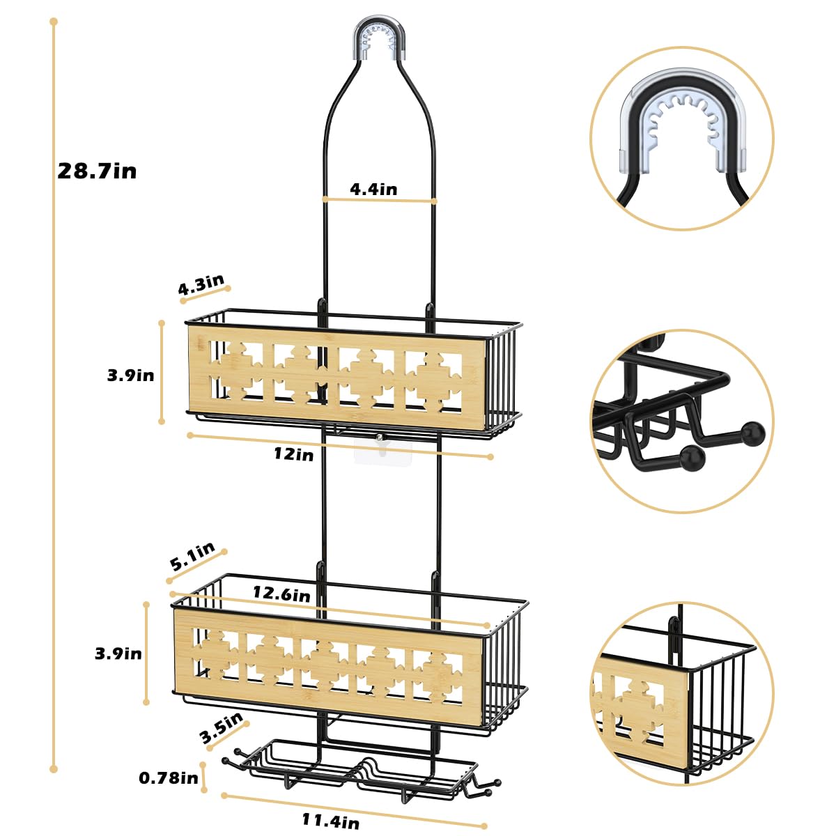 melos Shower Caddy Over Shower Head, 3 Tier Hanging Shower Organizer, Shower Caddy Hanging, Shower Rack Hanging Rustproof With Soap Holder, for Bathroom Hooks and Bamboo Board Silver
