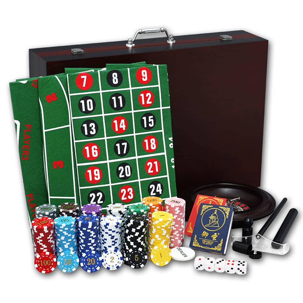 Russian Roulette Wheel Set Table Game Props for Game Night Essential, Sweepstakes Roulette with Wood Box, Play Mat,Steel Ball, Chip Hook, Dice, Poker