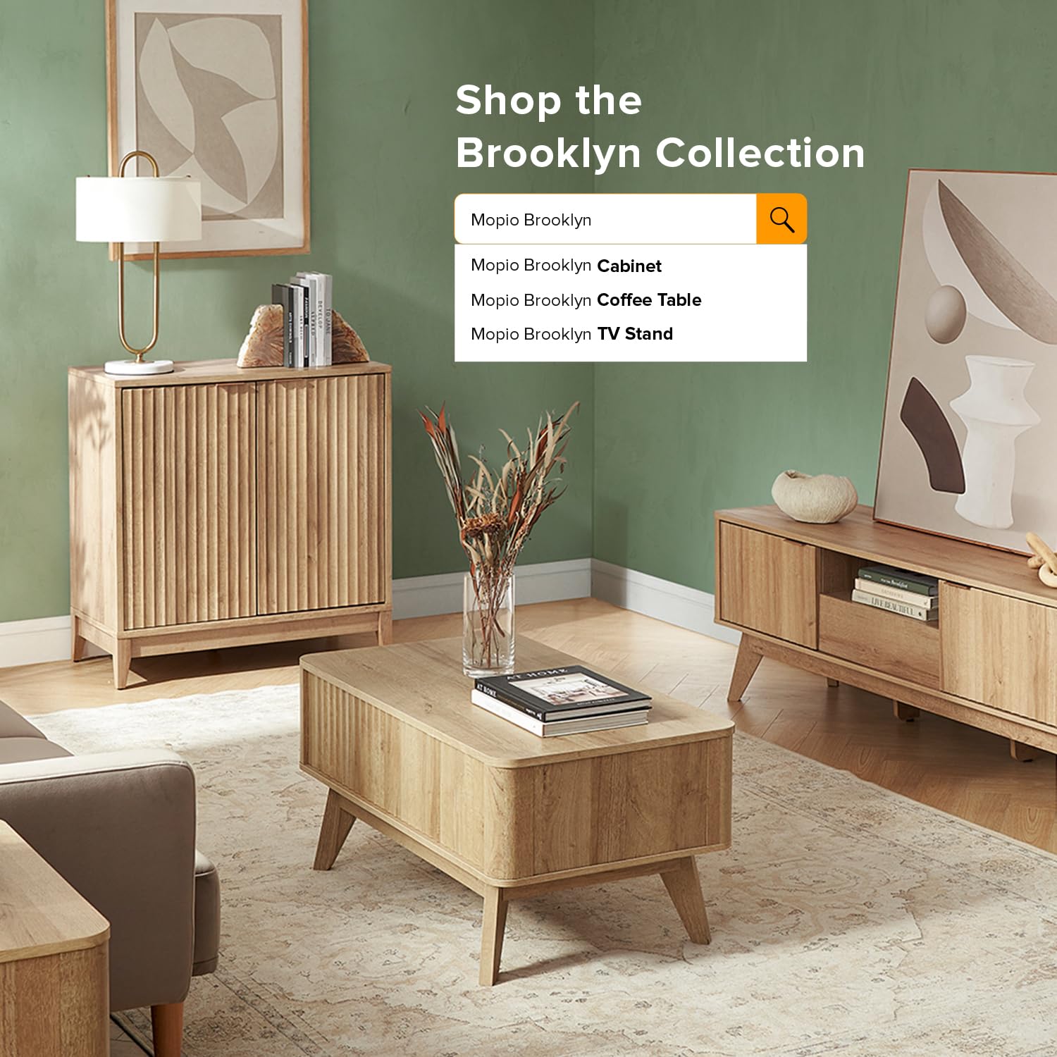 mopio Brooklyn Storage Cabinet, Modern Farmhouse Entryway Accent Cabinet, Buffet Sideboard, Credenza, Wood Modular Cabinet with Doors & Shelf, Fluted Panel, for Living Room (Oak, Single)