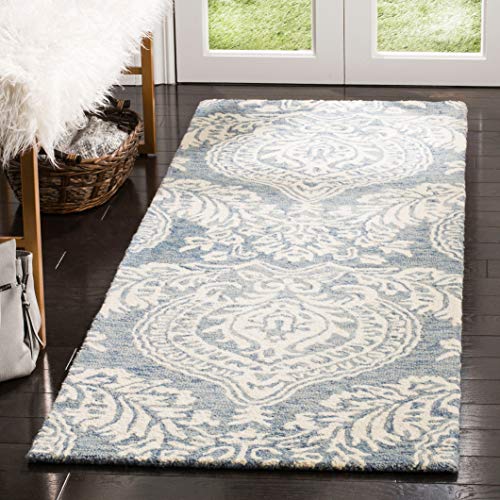 Safavieh Micro-Loop Collection Runner Rug - 2'3" x 7', Blue & Ivory, Handmade Damask Wool, Ideal for High Traffic Areas in Living Room, Bedroom (MLP512M)