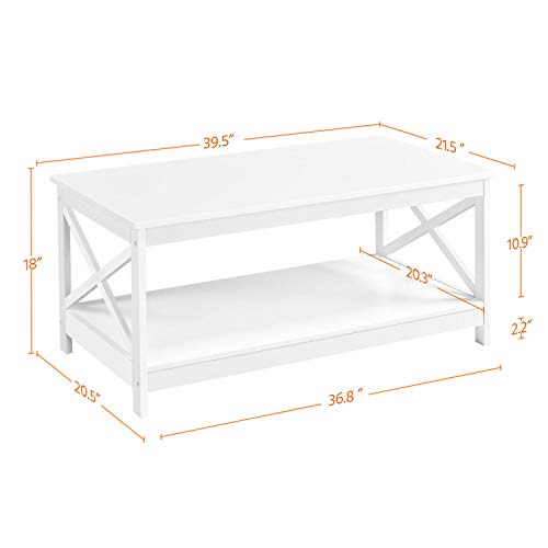 Yaheetech Wood 2-Tier White Coffee Table with Storage Shelf for Living Room, X Design Accent Cocktail Table, Simple Design Home Furniture, 39.5 x 21.5 x 18 Inches