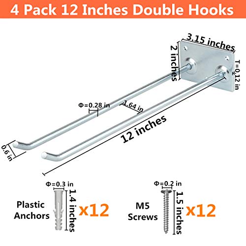 Wall Mounted Steel Long Handled Tools Storage Hooks, 12 Inch Steel Garage Utility Double Rack Organizing Ladders, Rakes, Hose, Shovel, Brooms, Max Capacity 55Lbs (Pack of 4 )