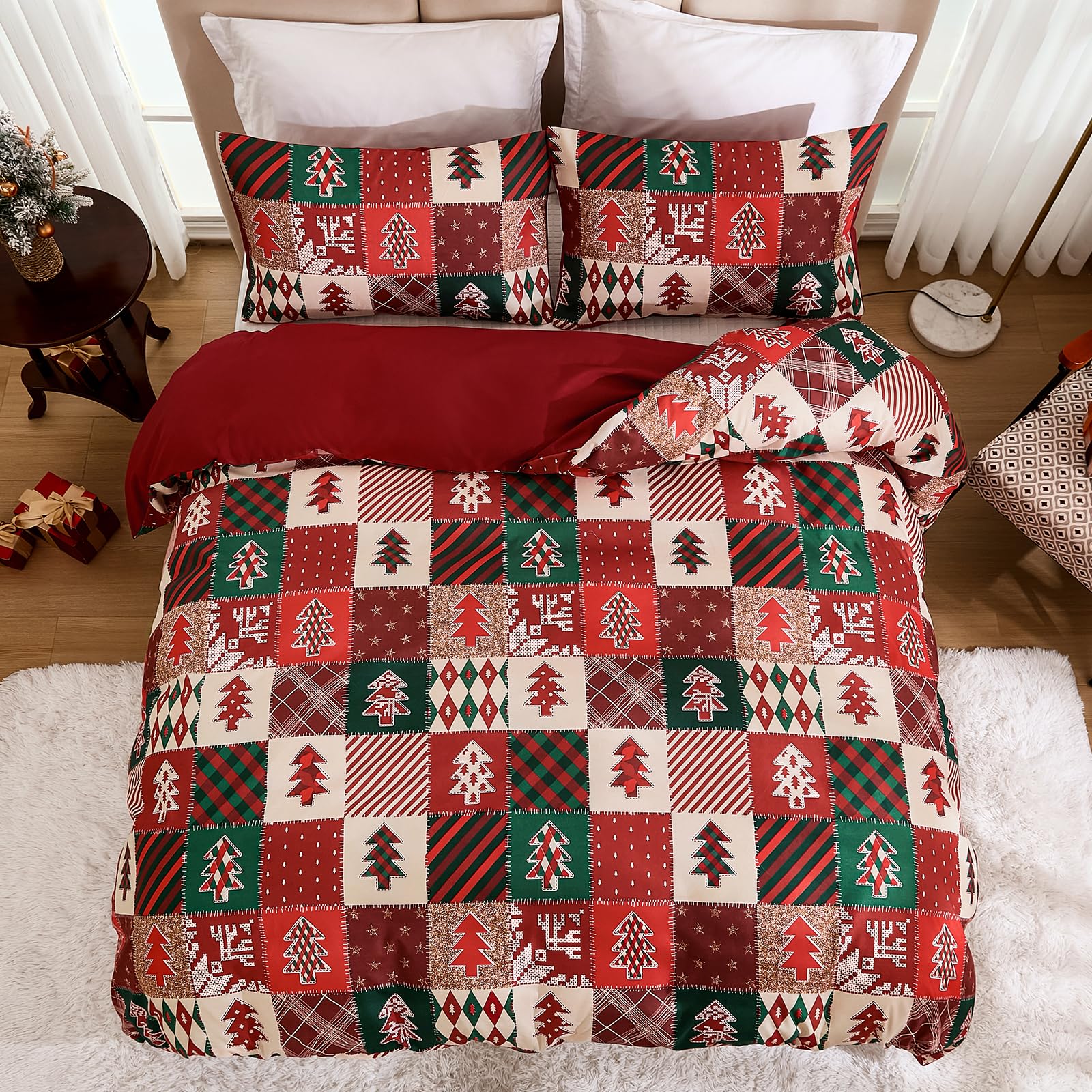 Dintszyayue Christmas Duvet Cover Set Queen Size,3 Pieces Patchwork Plaid Bedding Set Red and Green Christmas Tree Printed Duvet Soft Microfiber Duvet Comforter Covers with Zipper Closure