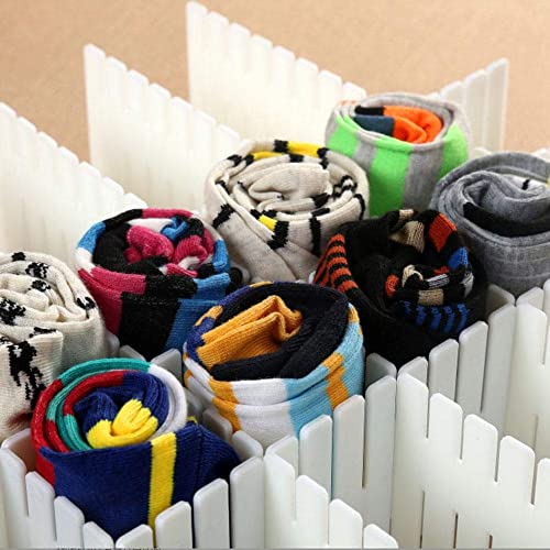 Strnek 4 Pcs Plastic Sock Organizer Grid Drawer Dividers Adjustable DIY Closet Separator Drawer Dividers for Purses,Ties,Tshirts,Pens,Bras,Sock,Underwear,Scarves(White Short)