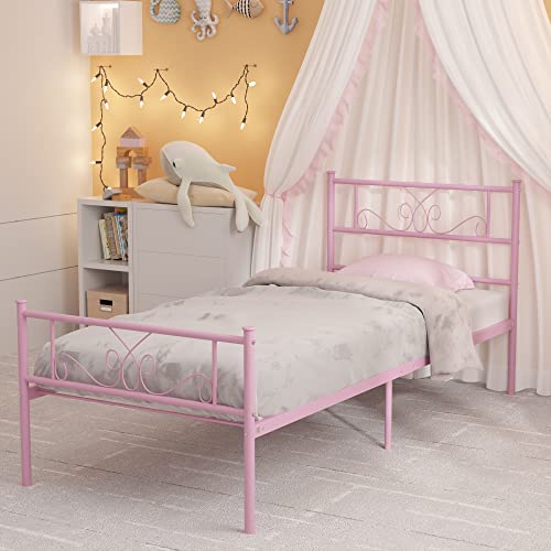 Weehom Platform Steel Bed Frame with 6 Legs Mattress Foundation Heavy Duty Bed Steel Slat Support Easy Assemble Kids Adults(Twin Size),Pink